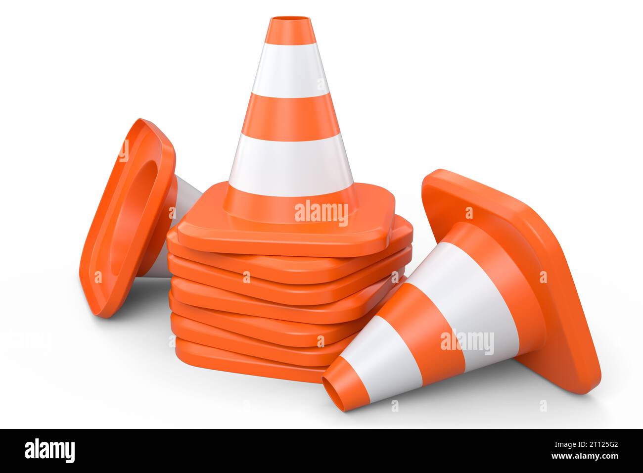 Set of traffic cones for under construction road work on white ...