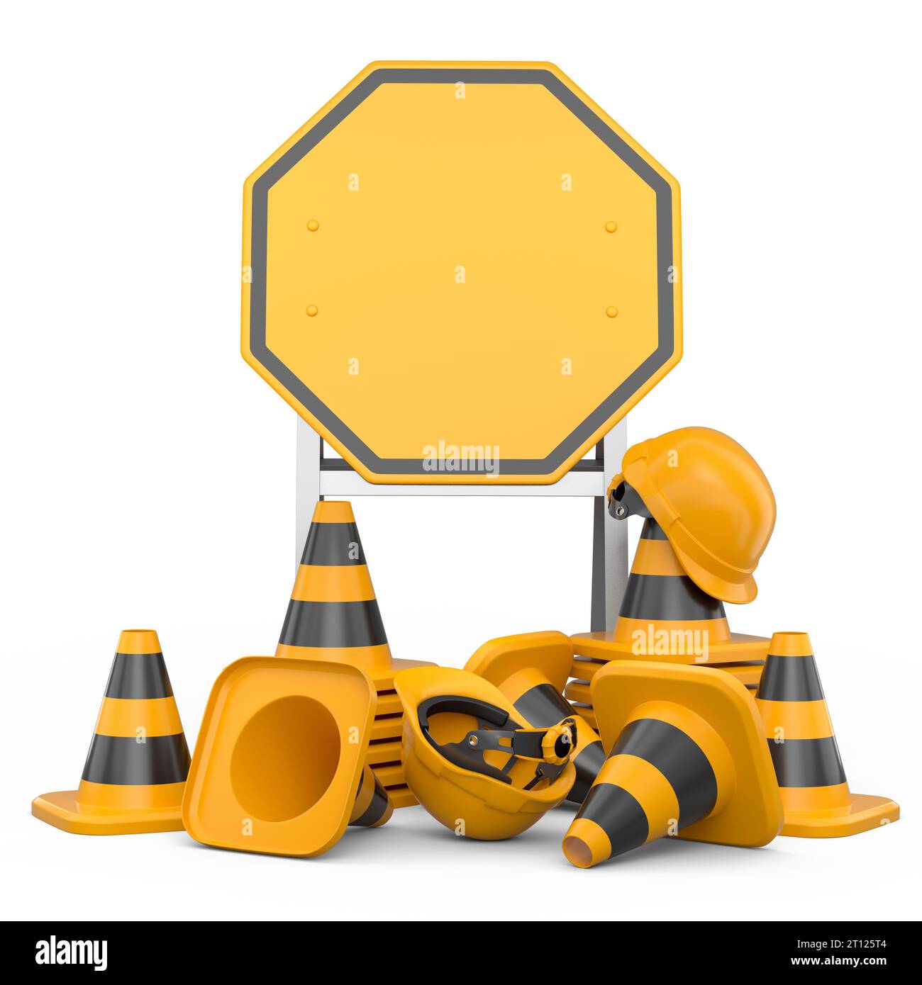 Stack of safety helmets or hard hats and traffic cones for under ...