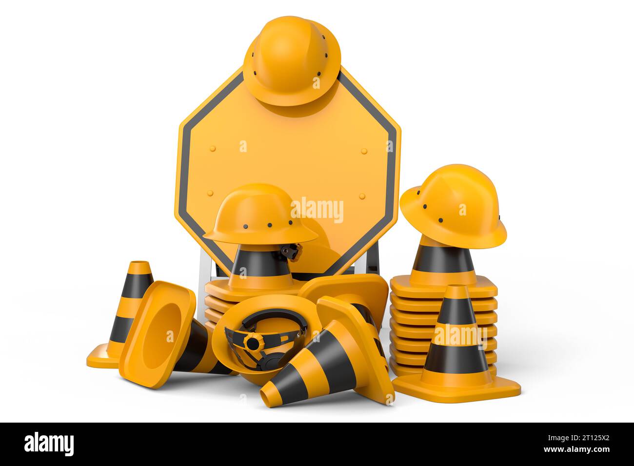 Set of safety helmets or hard hats and traffic cones, road sign for ...