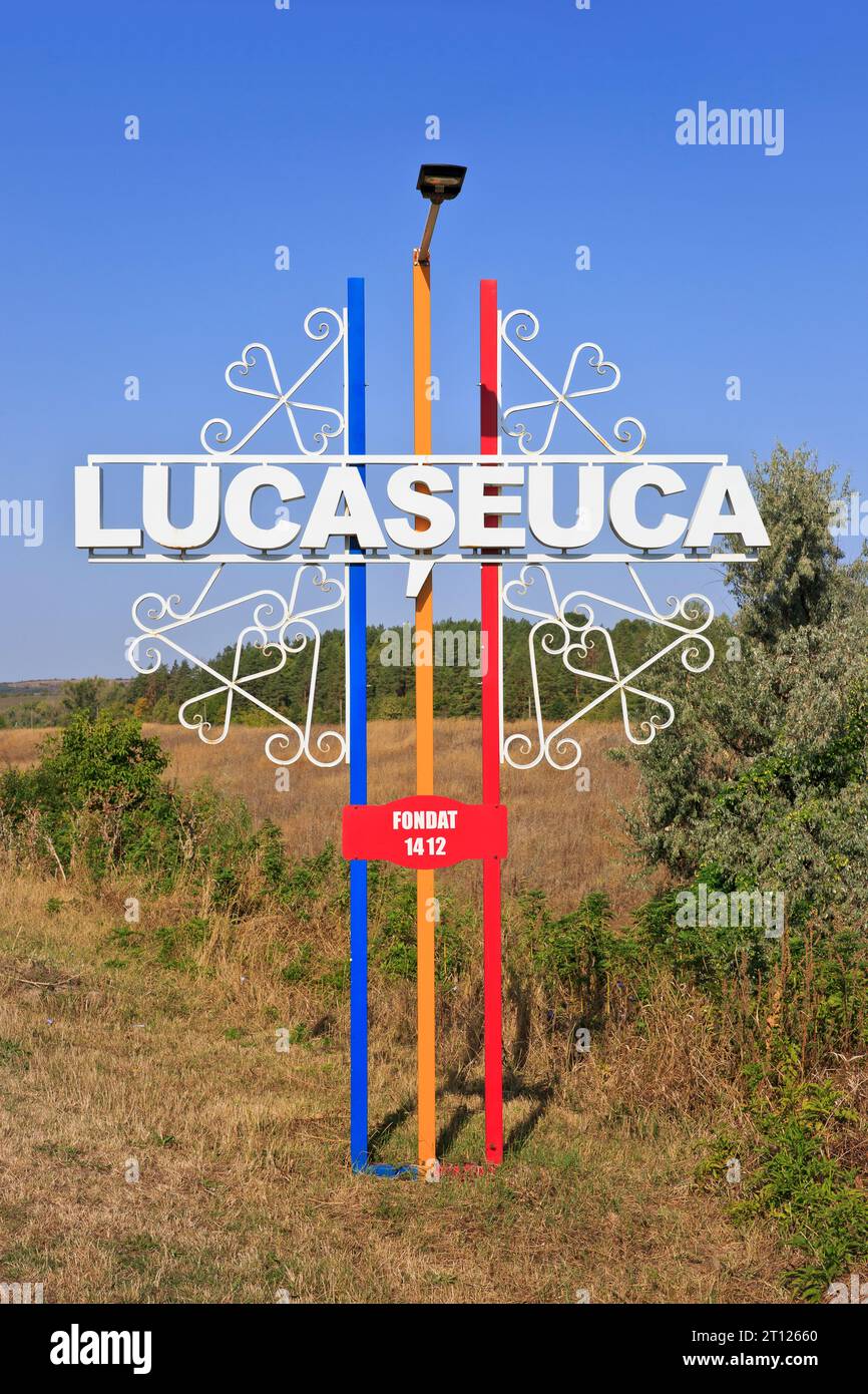 The welcome sign of Lucaseuca (Orhei), Moldova Stock Photo - Alamy