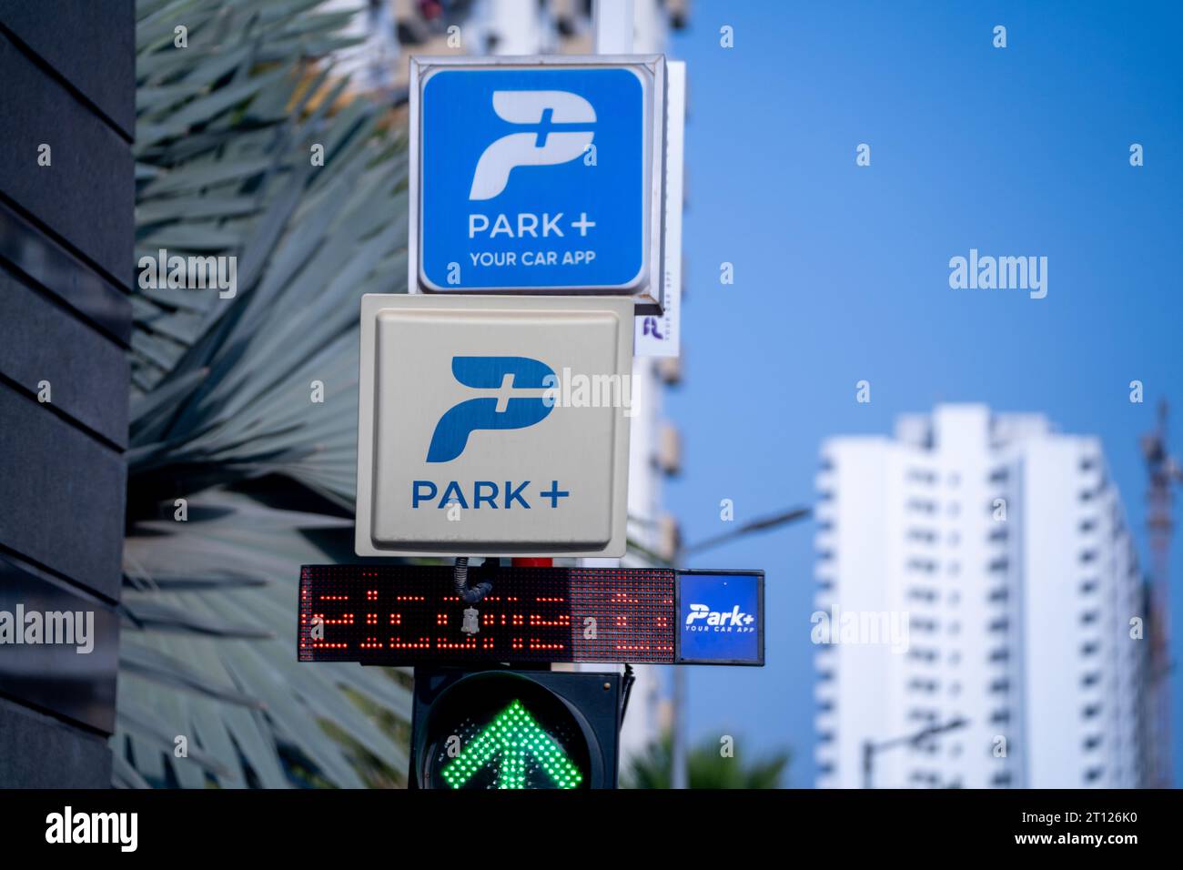 Indian startup Parkplus sensory and sign posts at entry to shopping ...