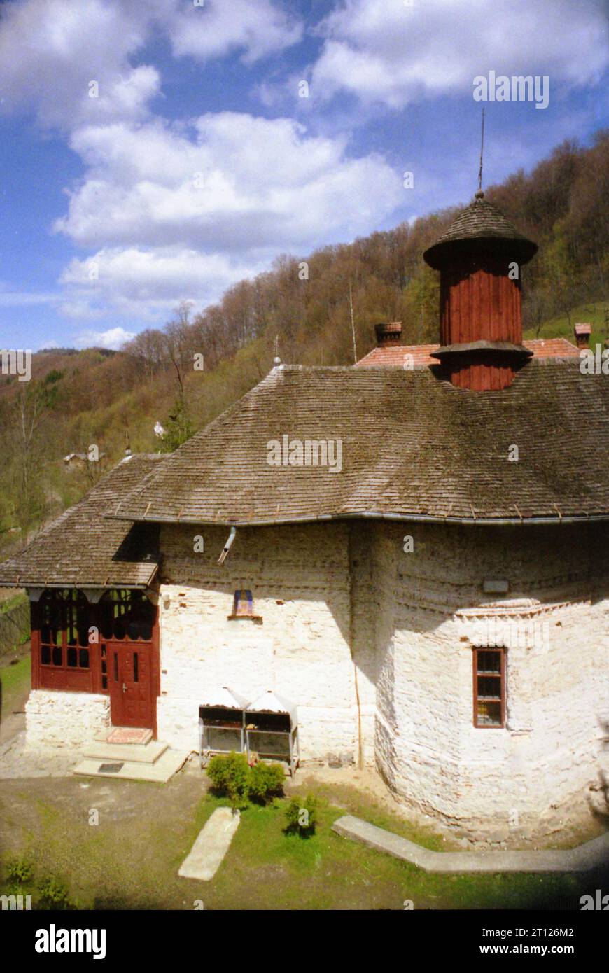 Arges County, Romania, 1999. Exterior view of Robaia Monastery, a ...