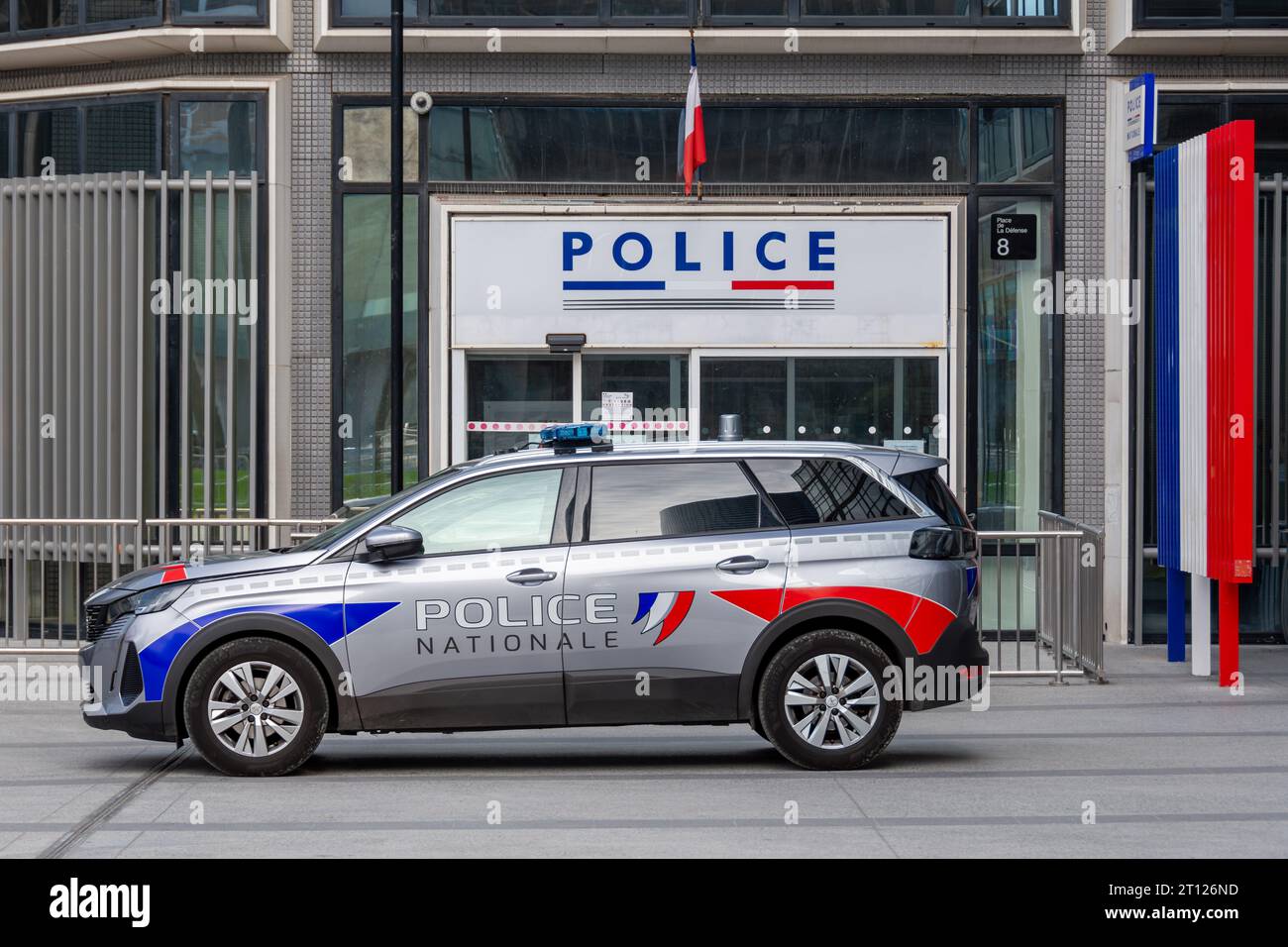 French national police patrol vehicle parked in front of the entrance ...