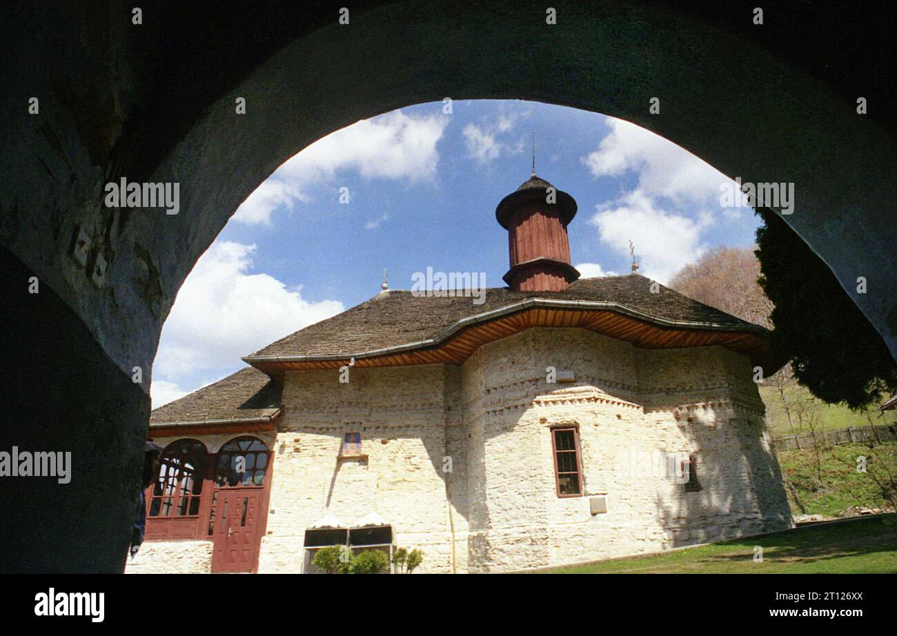 Arges County, Romania, 1999. Exterior view of Robaia Monastery, a ...