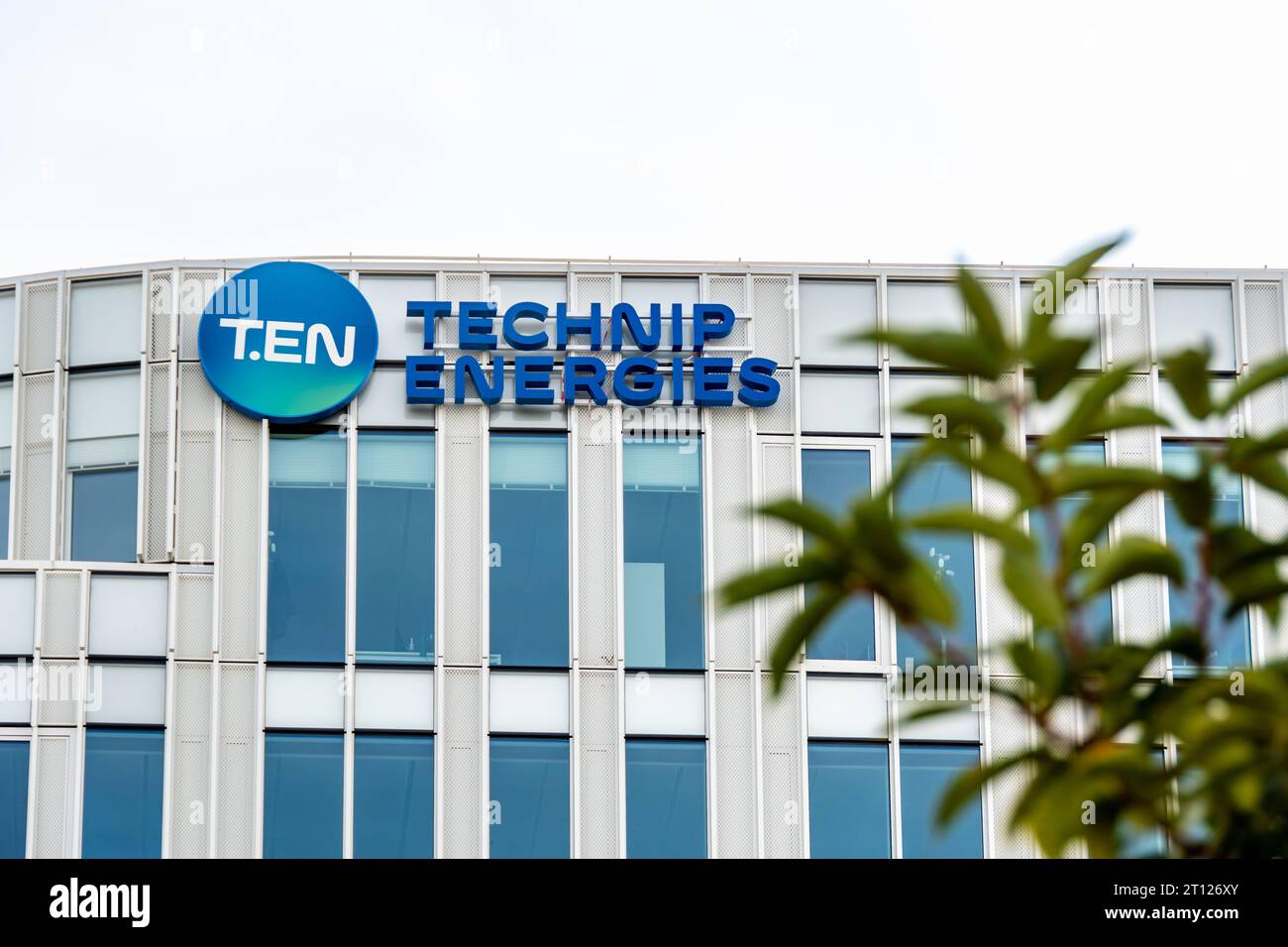 Sign and logo on the facade of the headquarters of Technip Energies, a company of French origin ...