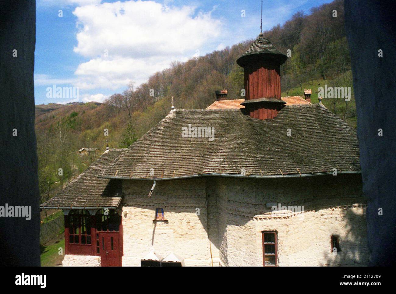 Arges County, Romania, 1999. Exterior view of Robaia Monastery, a ...