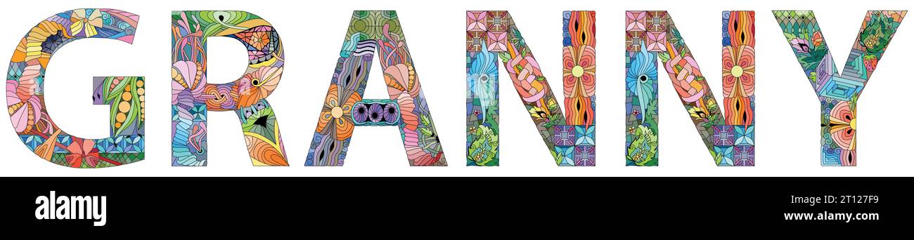 Hand-painted art design. Hand drawn illustration word GRANNY for t ...