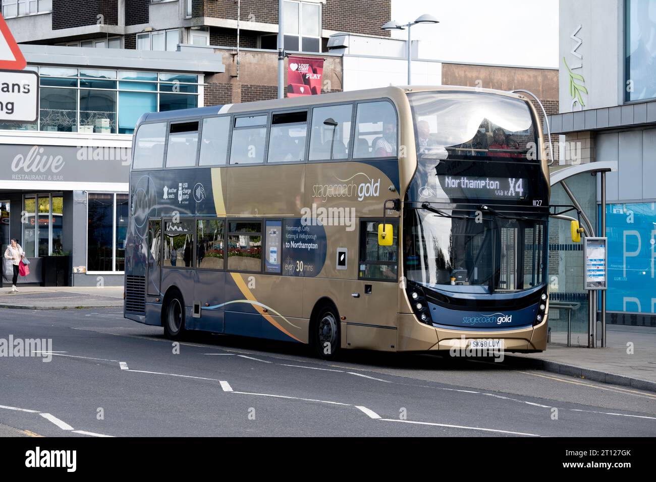 Stagecoach Gold X4 bus service, Corby town centre, Northamptonshire ...