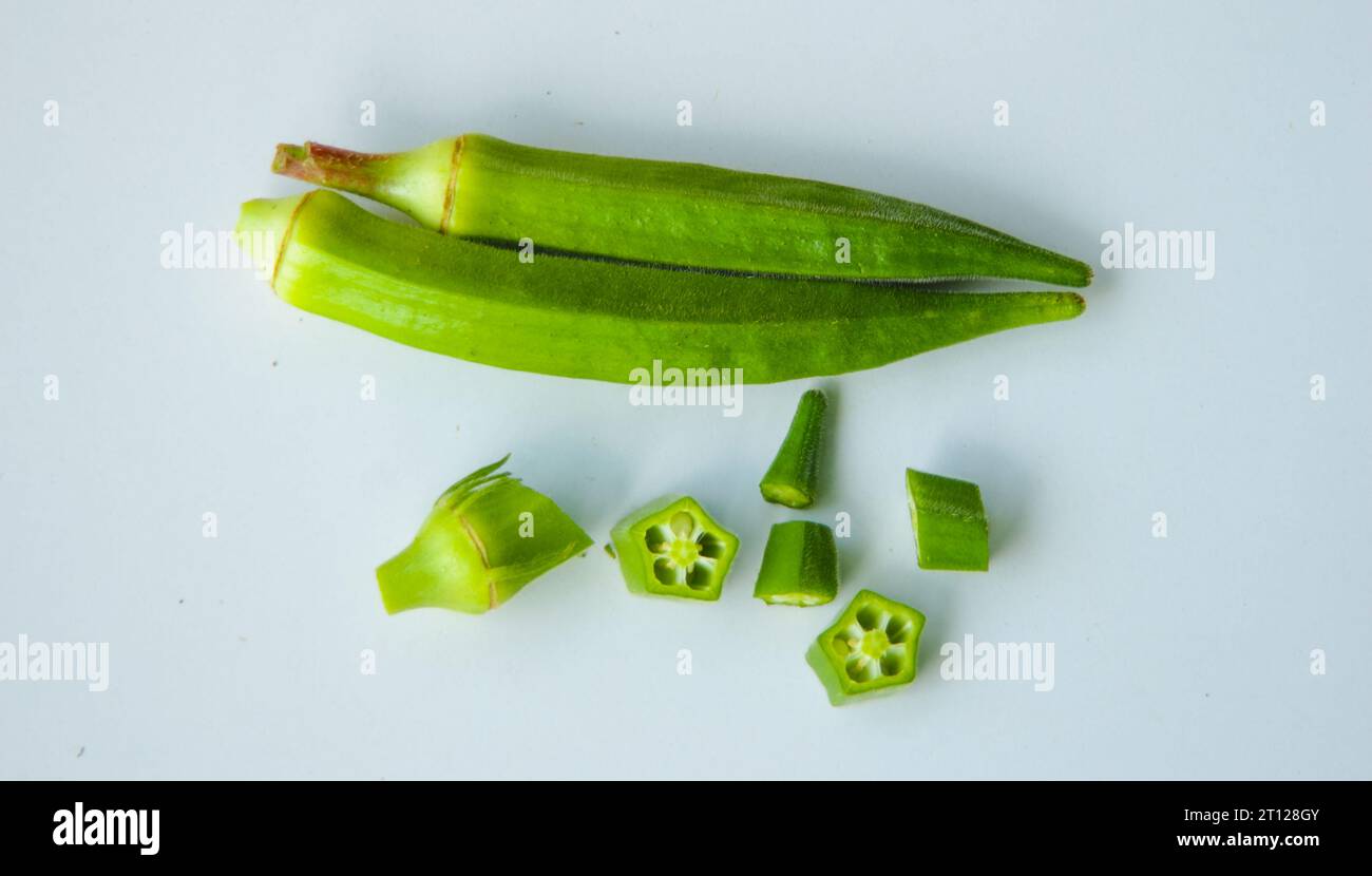 Close up of fresh okra isolated on white background. Fresh green okra ...