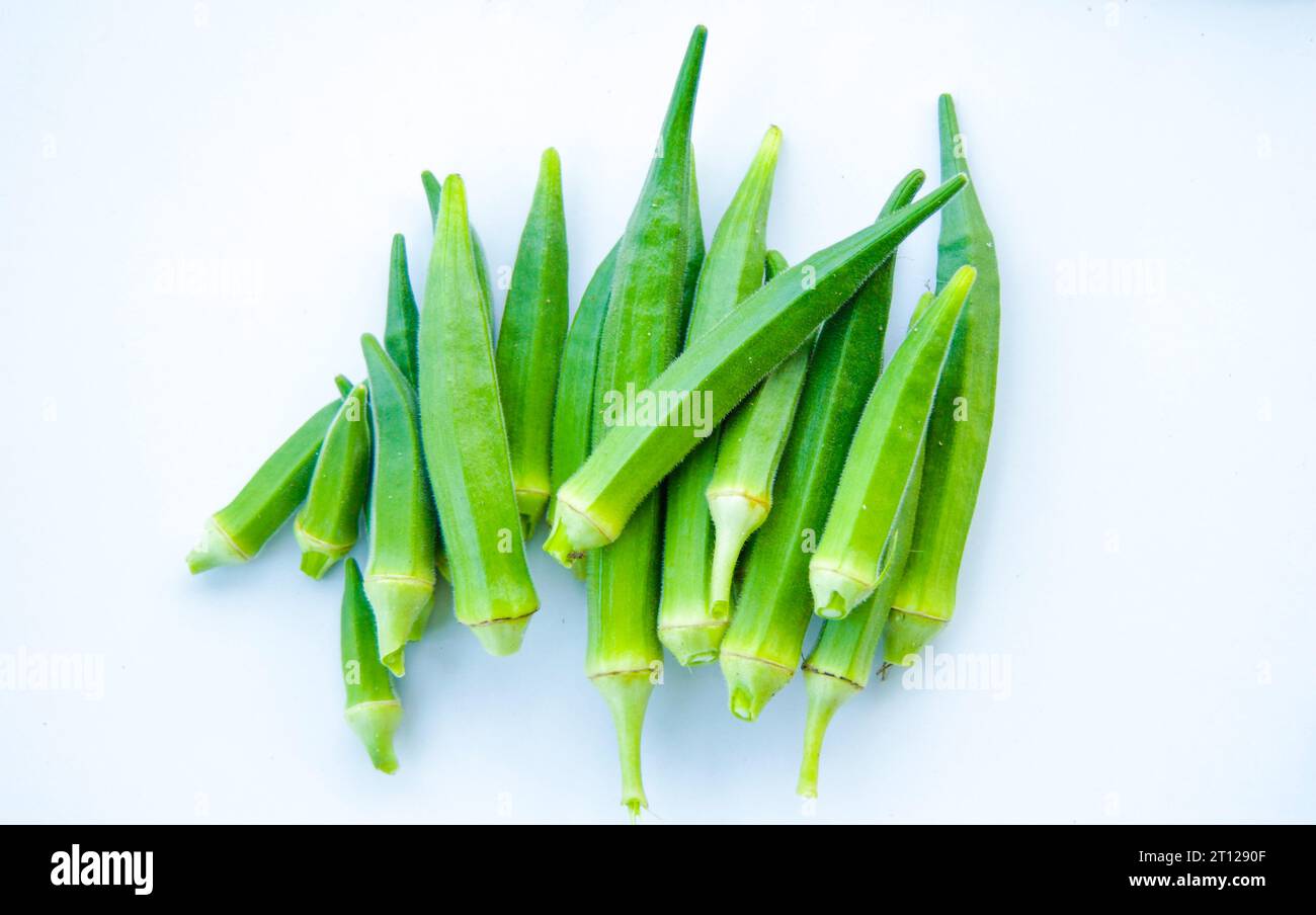 Close up of fresh okra isolated on white background. Fresh green okra ...