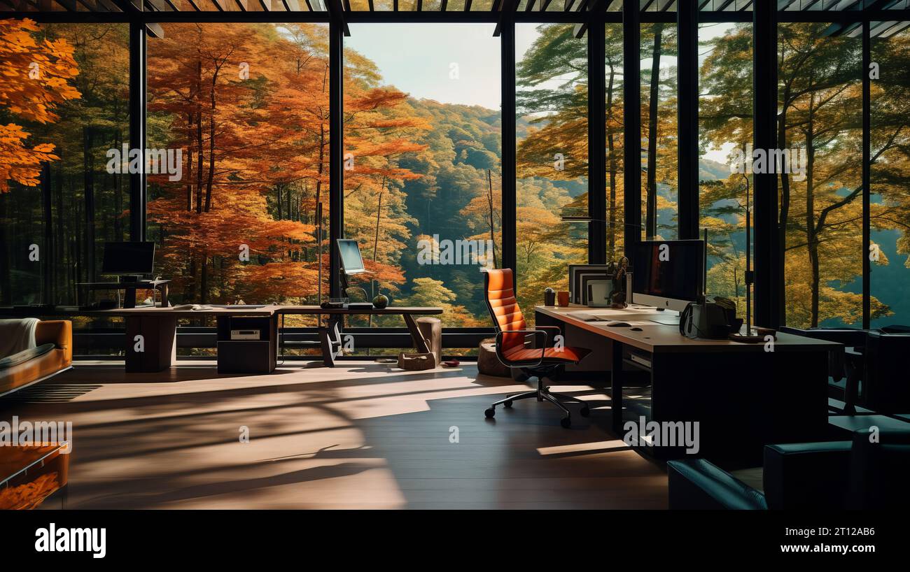 Productive and relaxing office space with forest outside the window ...