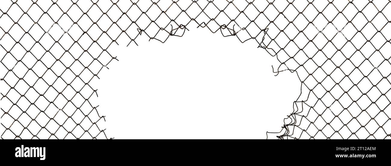 The texture of the metal mesh. Torn, destroyed, broken metal mesh on a ...