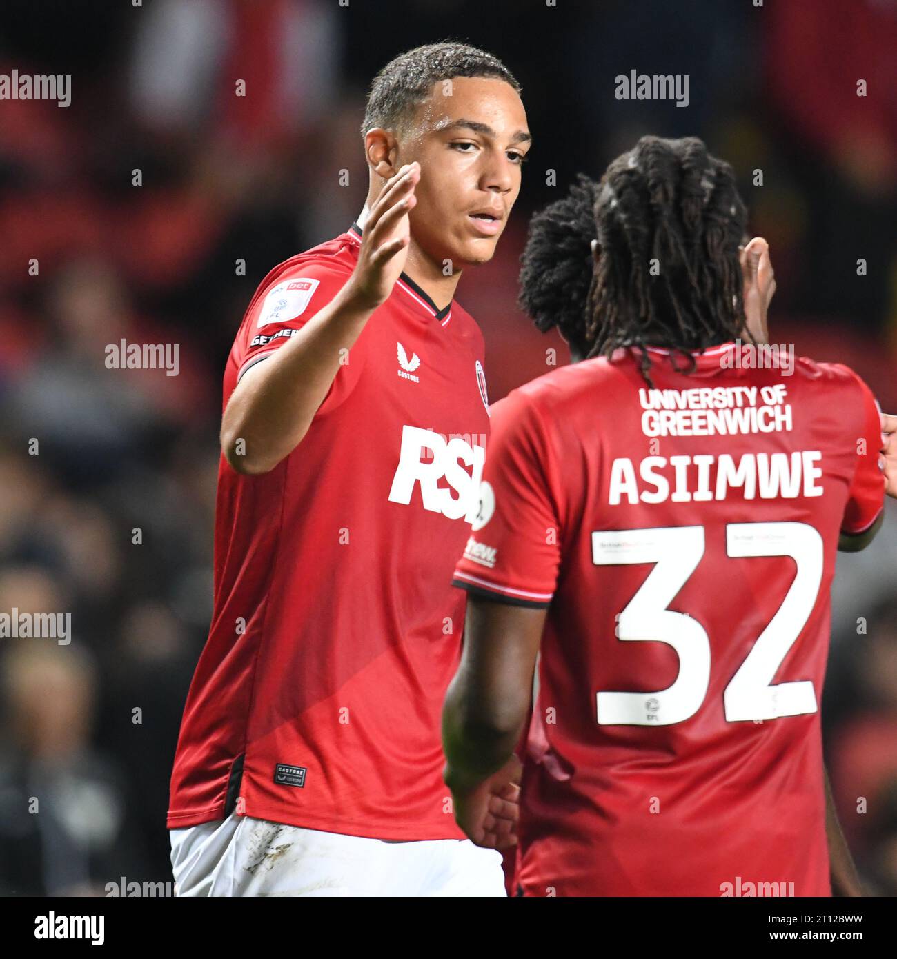 London, England. 10th Oct 2023. Miles Leaburn with Nathan Asiimwe after ...