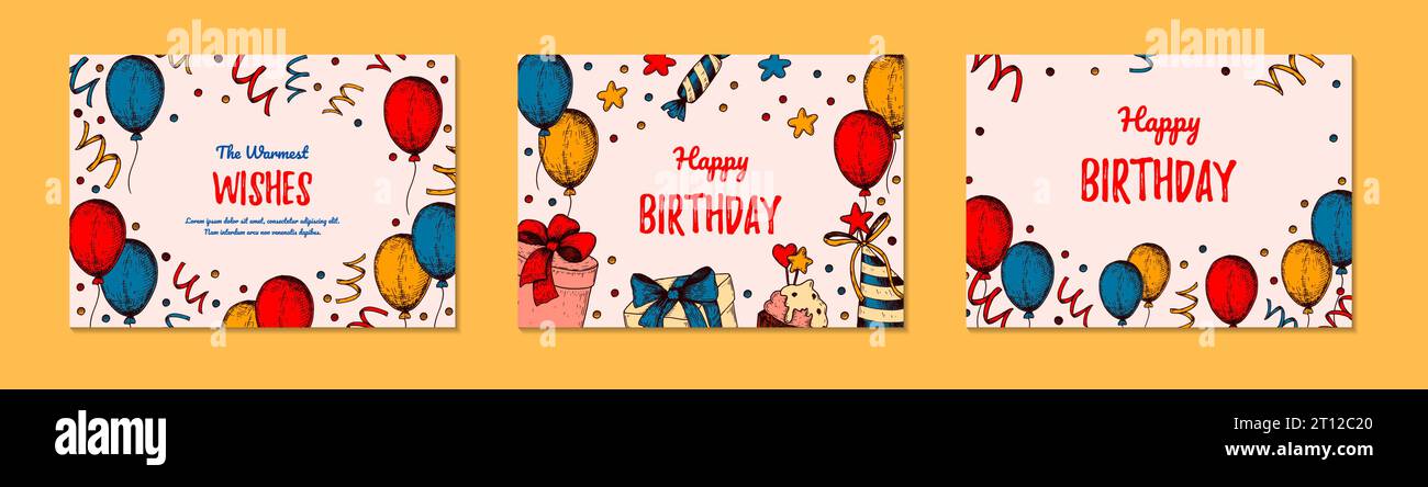 Set of Birthday horizontal greeting cards. Design with hand drawn ...