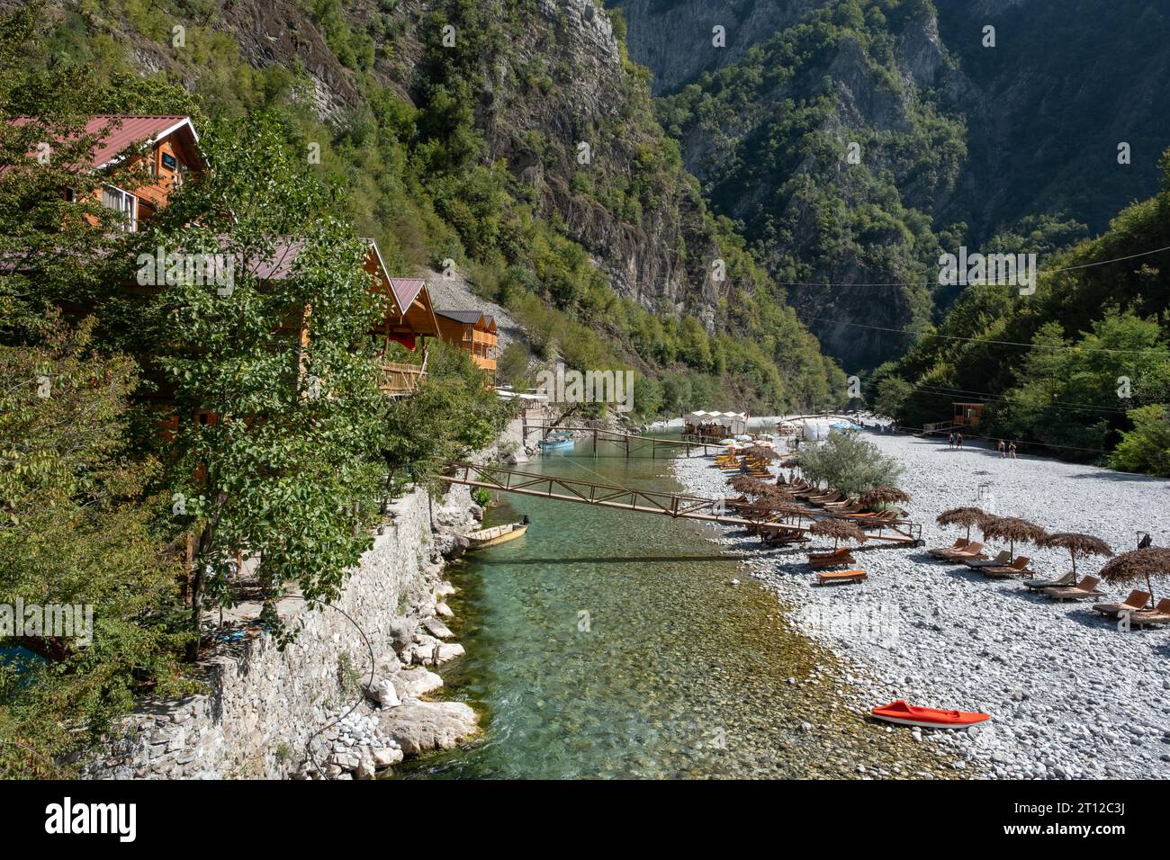 River Shala resort village on Lake Komani, northern Albania Stock Photo ...