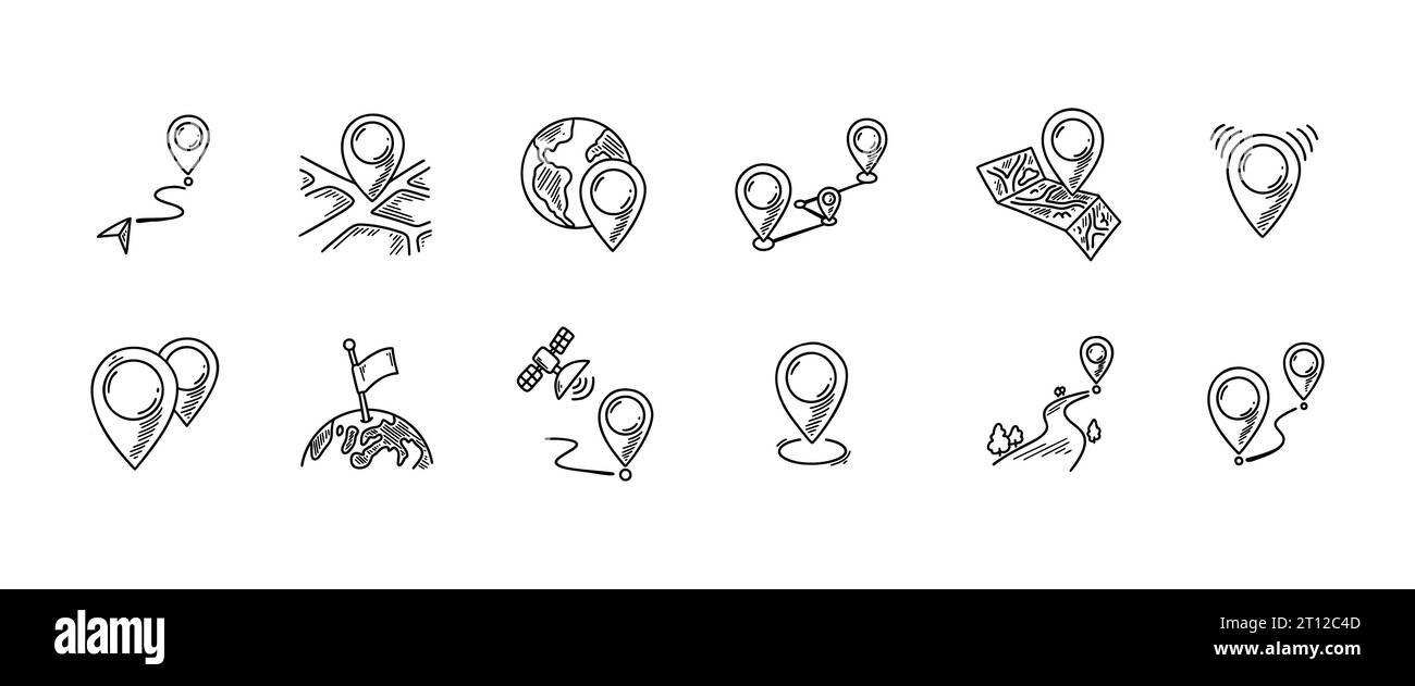 Location pin icon doodle set. Hand drawn sketch vector illustration. Geolocation map mark ...