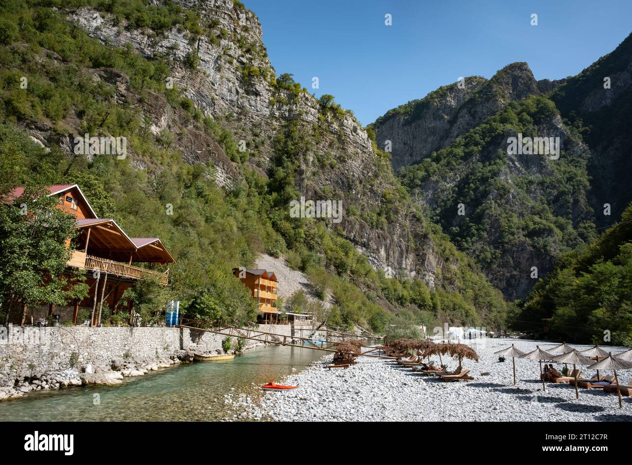 River Shala resort village on Lake Komani, northern Albania Stock Photo ...