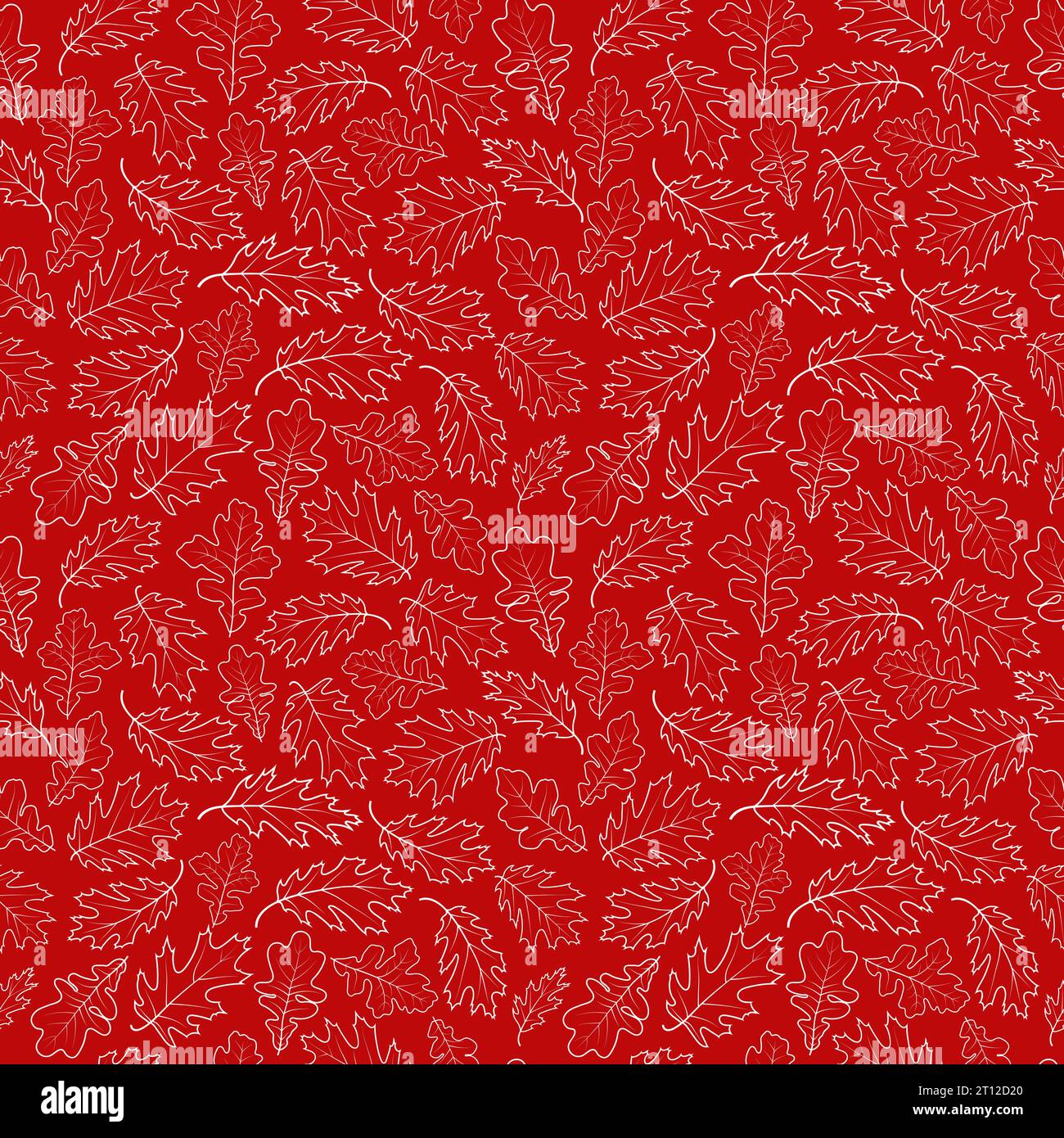 Floral seamless pattern with oak leaf white outlines on red background ...