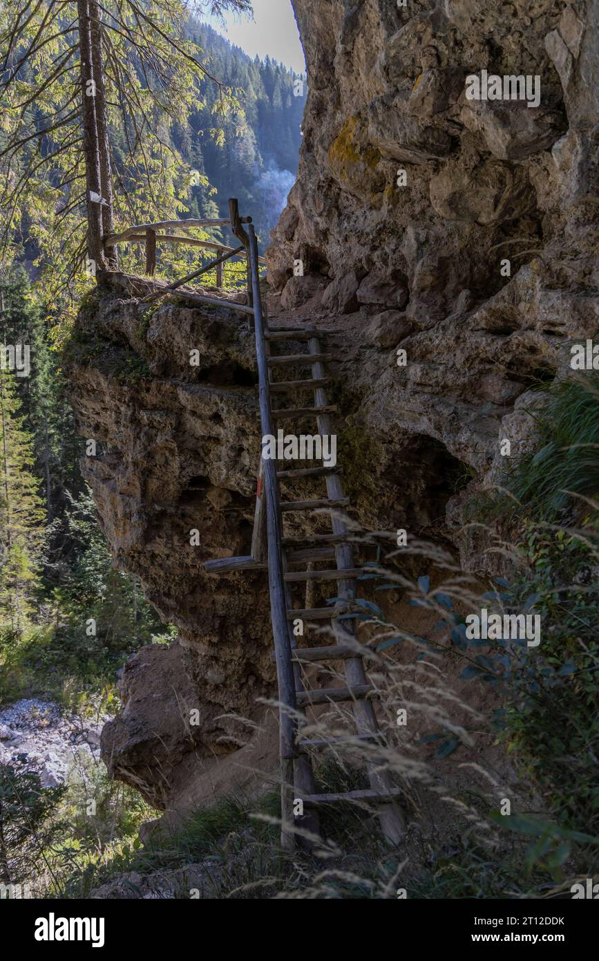 Alpine hiking trail on rock with wooden ladder to grotto' cave, vault ...