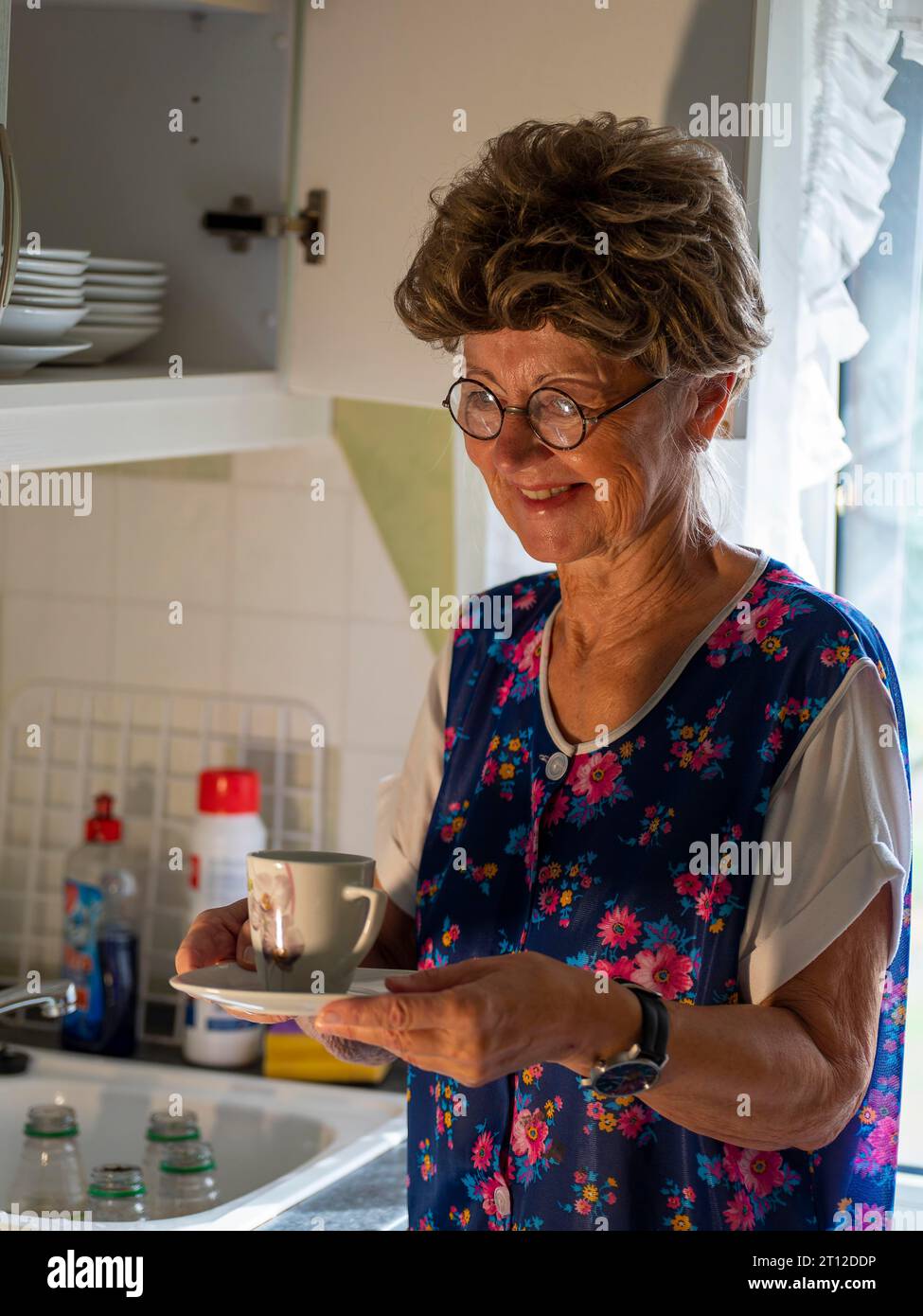 Granny With Old Smock Apron Glasses And Wig At The Kitchen Window In
