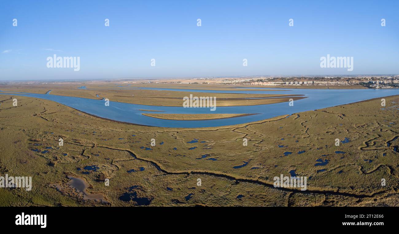 Aerial view of the river Odiel mouth. Estuary of Rio Odiel in the ...