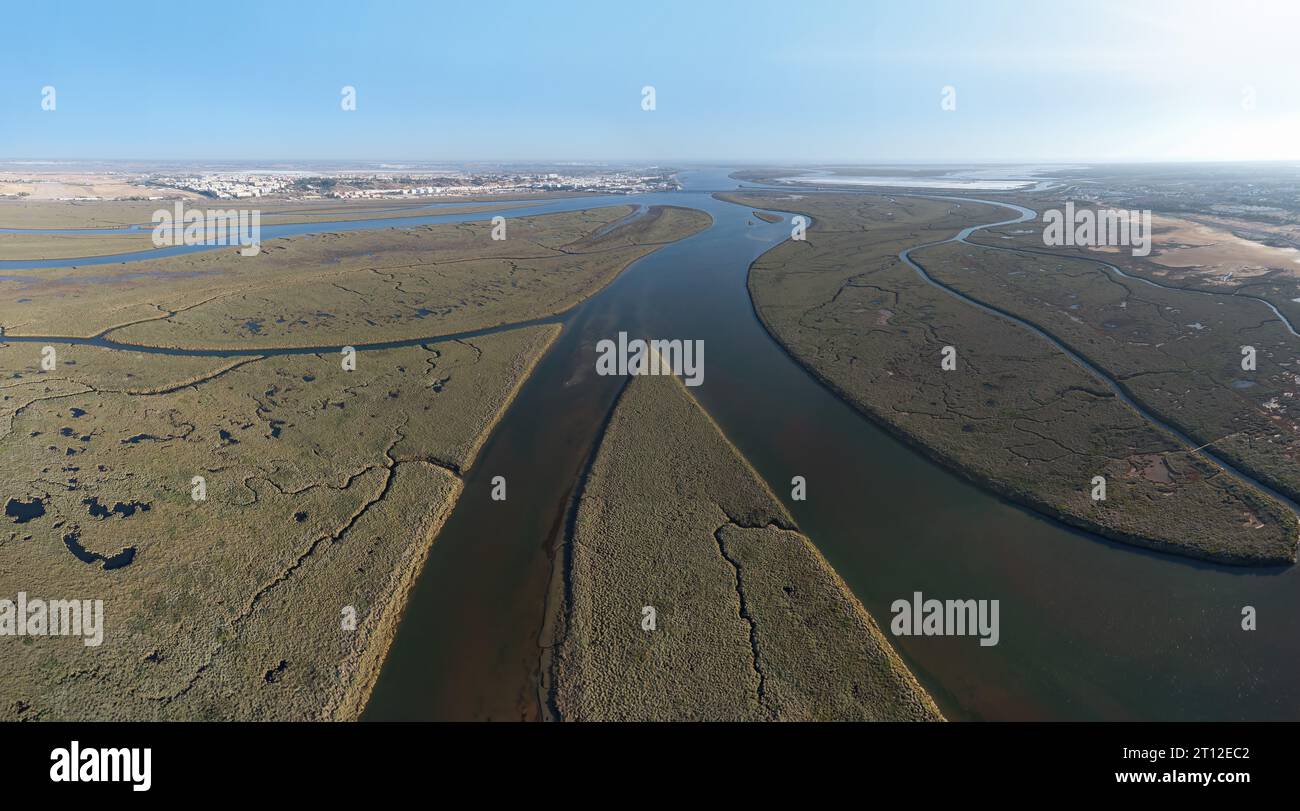 Aerial view of the river Odiel mouth. Estuary of Rio Odiel in the ...