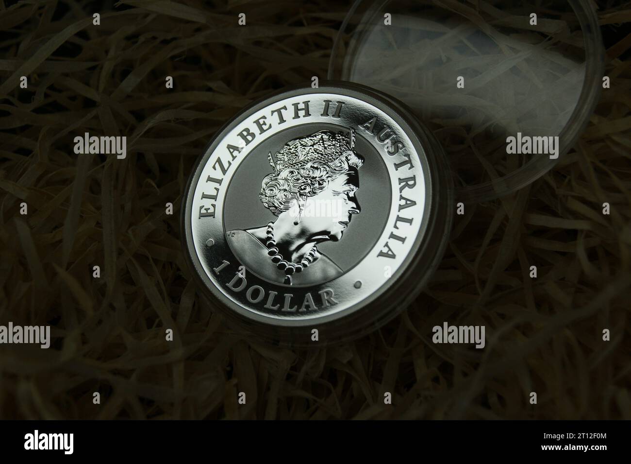 Silver Australian dollar in a capsule with the image of the Queen. A ...