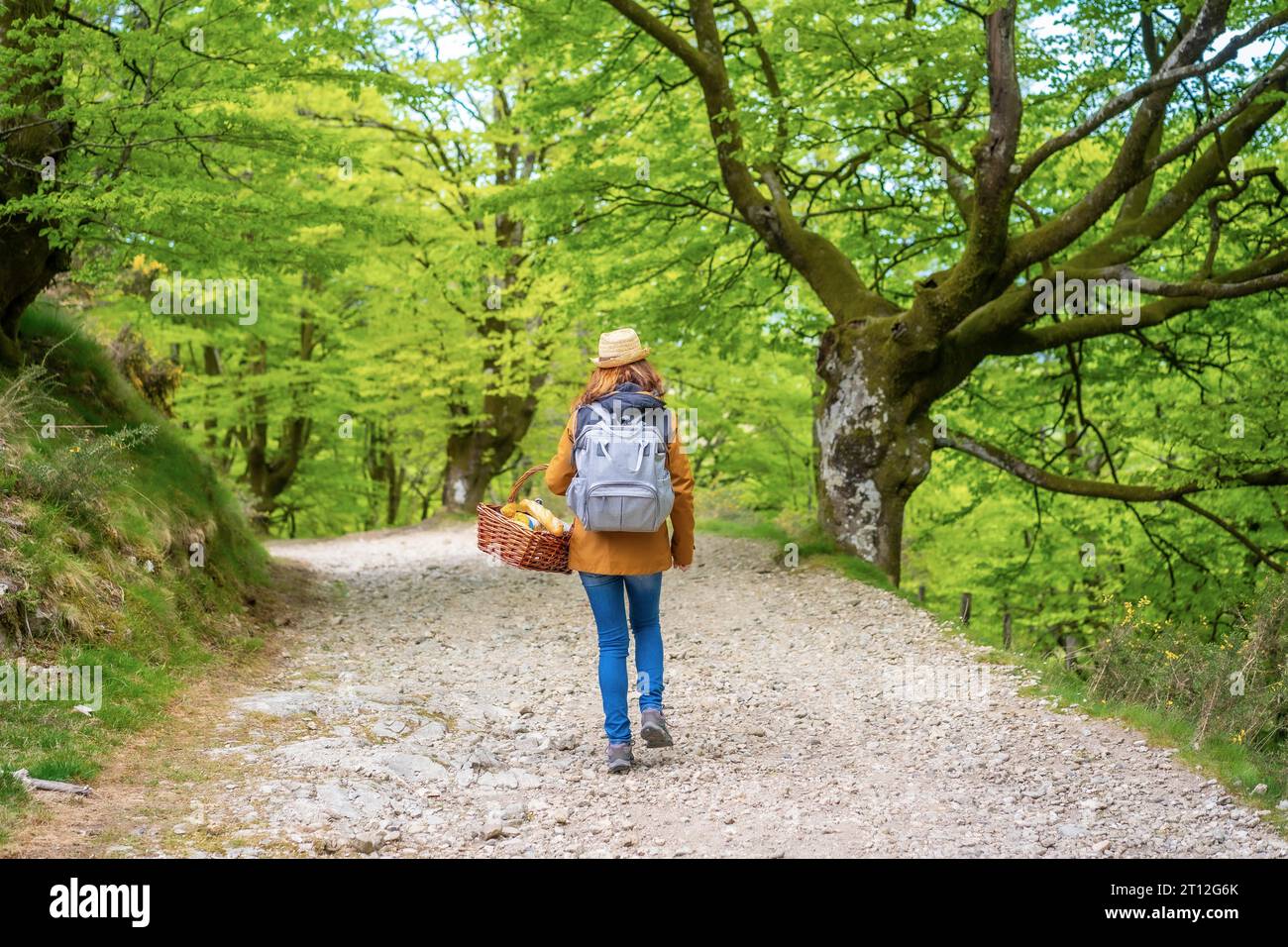 A young Caucasian brunette walking along a path with a basket heading ...