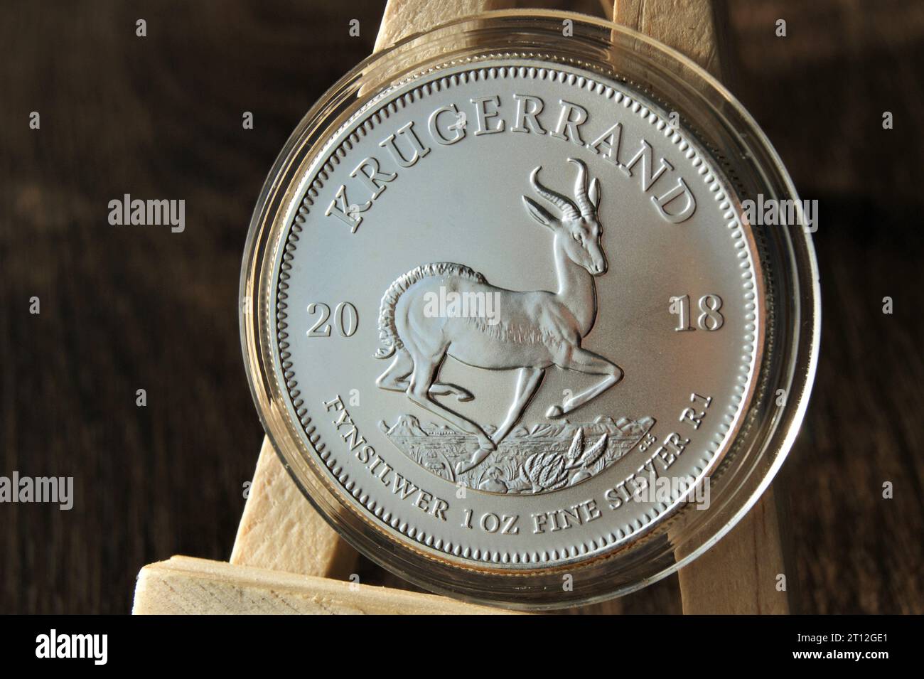 Silver investment coin in capsule. Silver Krugerrand 1 Rand 2018 South ...