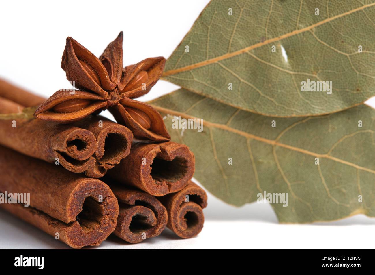 Spicy spices cinnamon sticks and star anise with bay leaf on white ...