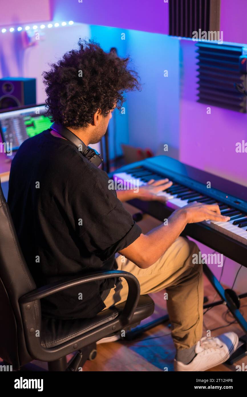 Vertical rear view of a musician playing the piano sitting on a ...