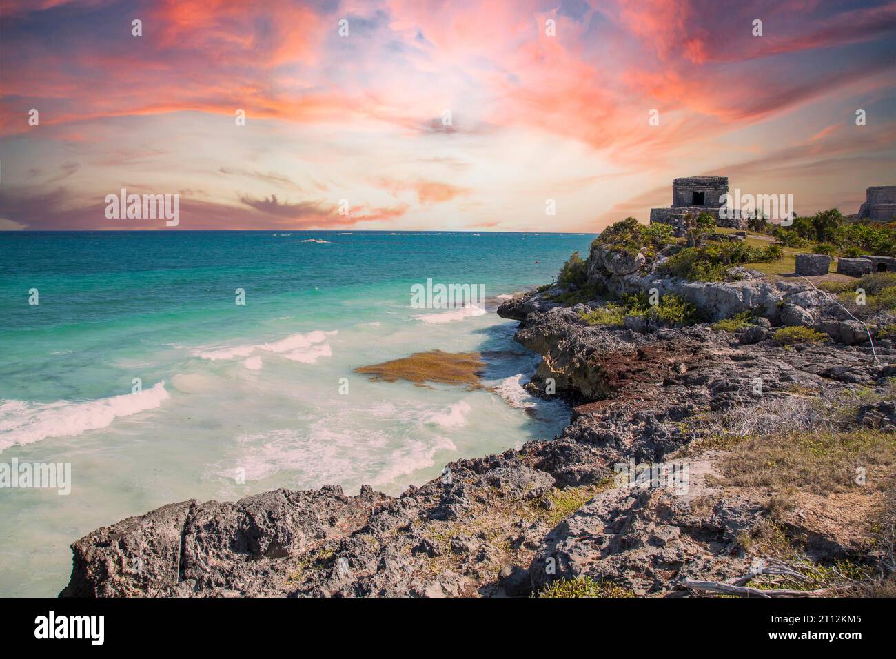 Sunset at the sea next to the Mayan temples of Tulum in Mexico Stock ...