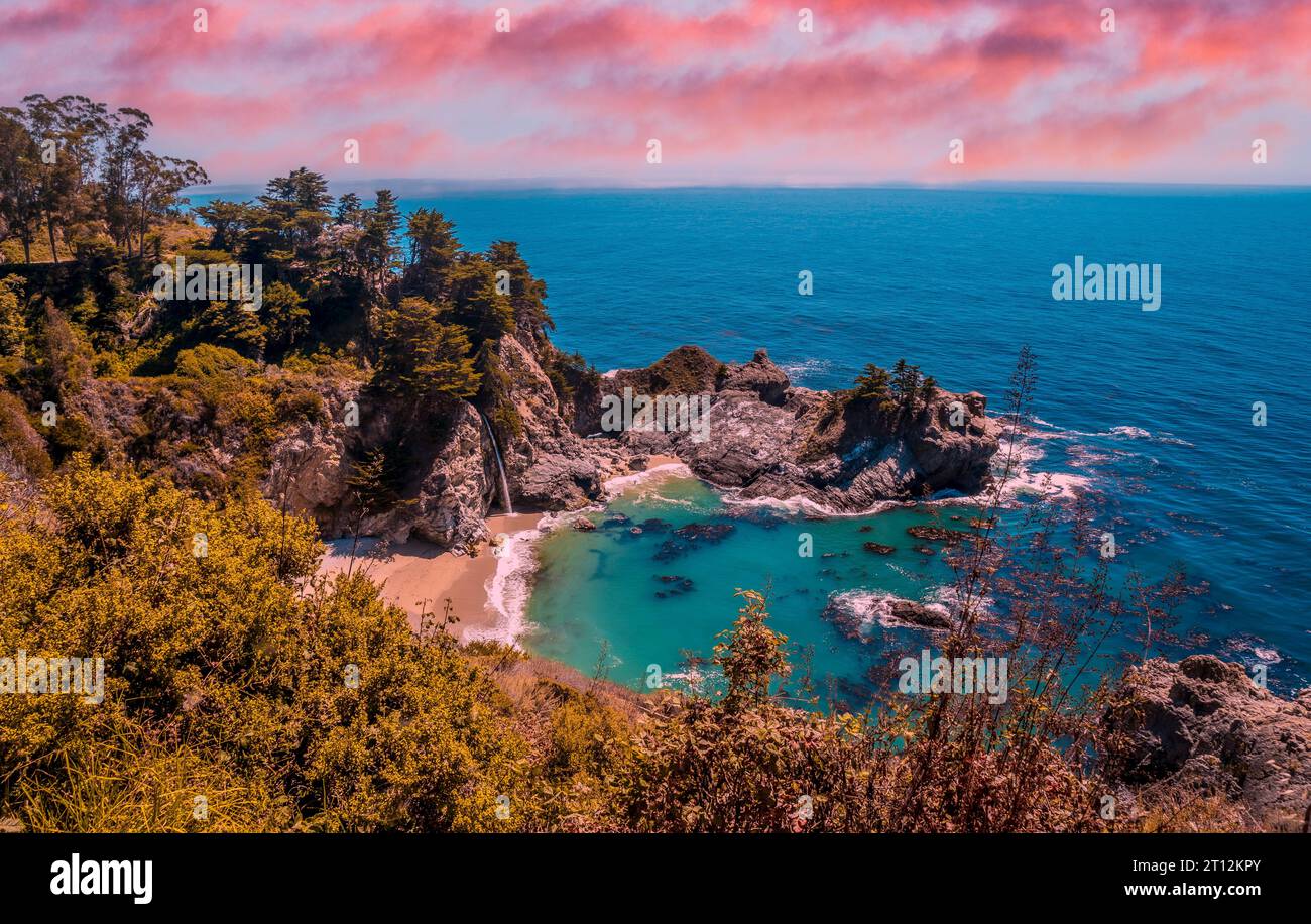Mcway Waterfall and its beautiful beach in sunset, California. United ...