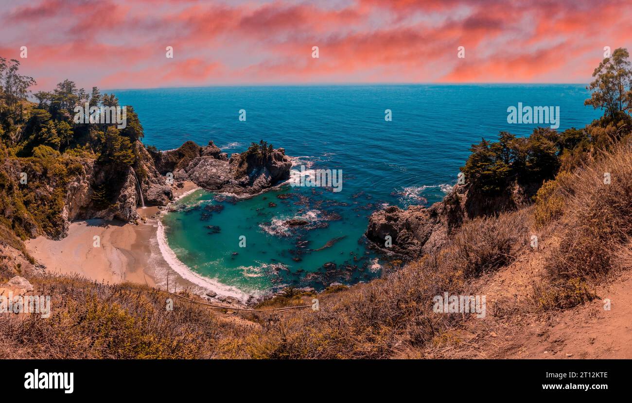 Mcway Waterfall and its beautiful beach in sunset, California. United ...