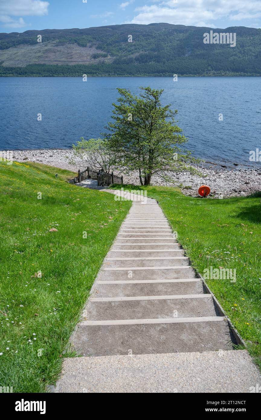 Stairs walking path down to Loch ness Lake, vertical shot, Scotland ...