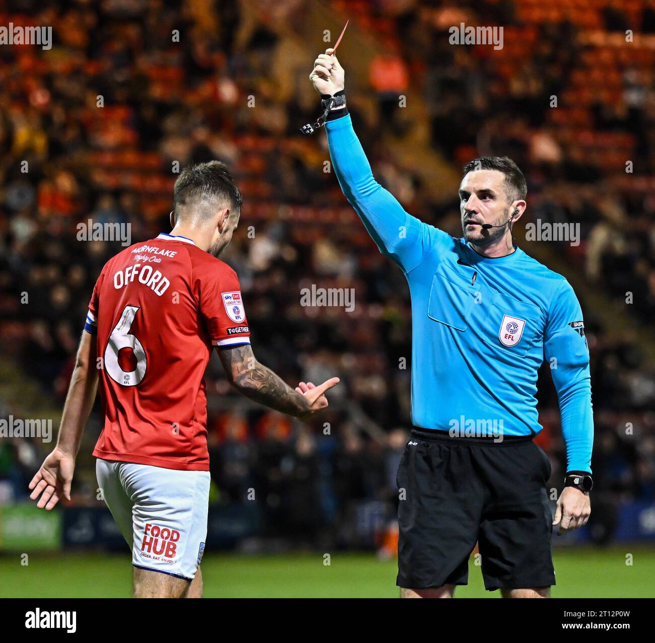 Crewe, UK. 10th Oct, 2023. Referee Aaron Jackson sends Luke Offord 6 ...