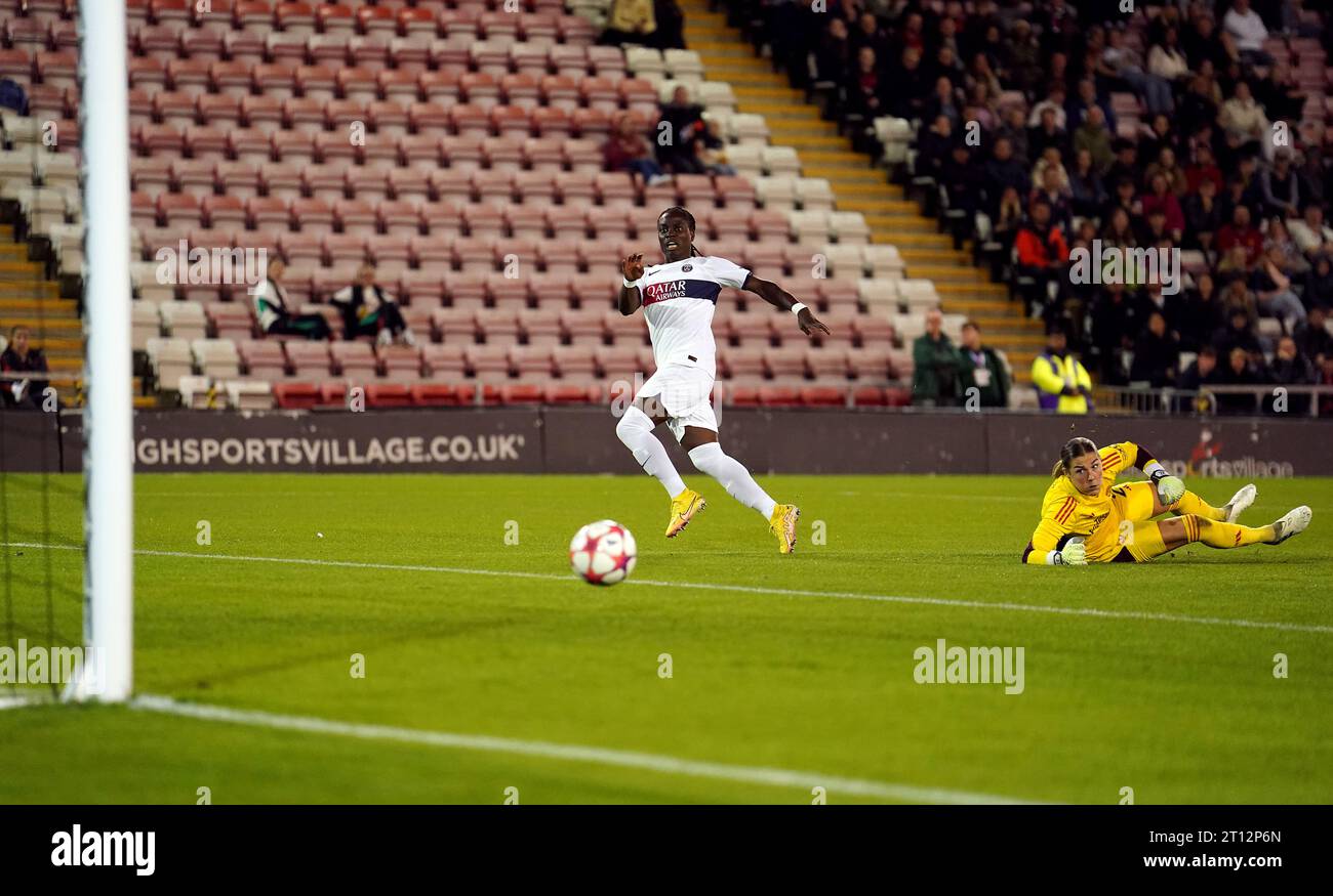 Paris Saint-Germain's Tabitha Chawinga scores their side's first goal ...