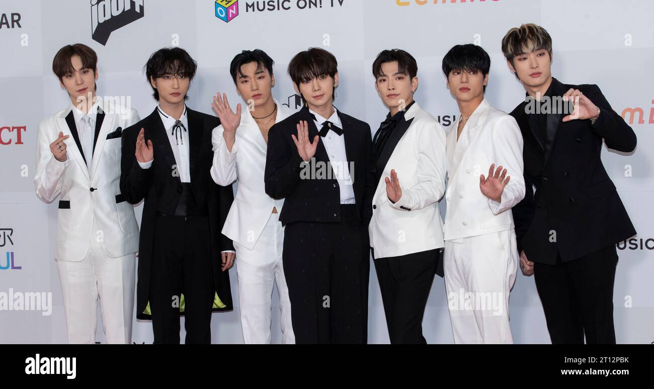 Incheon, South Korea. 10th Oct, 2023. South Korean-Japanese boy band Ateez, attend a red carpet ...