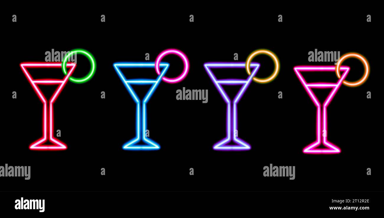 set cocktail bar glowing desktop icon, neon sticker, neon cocktail bar ...
