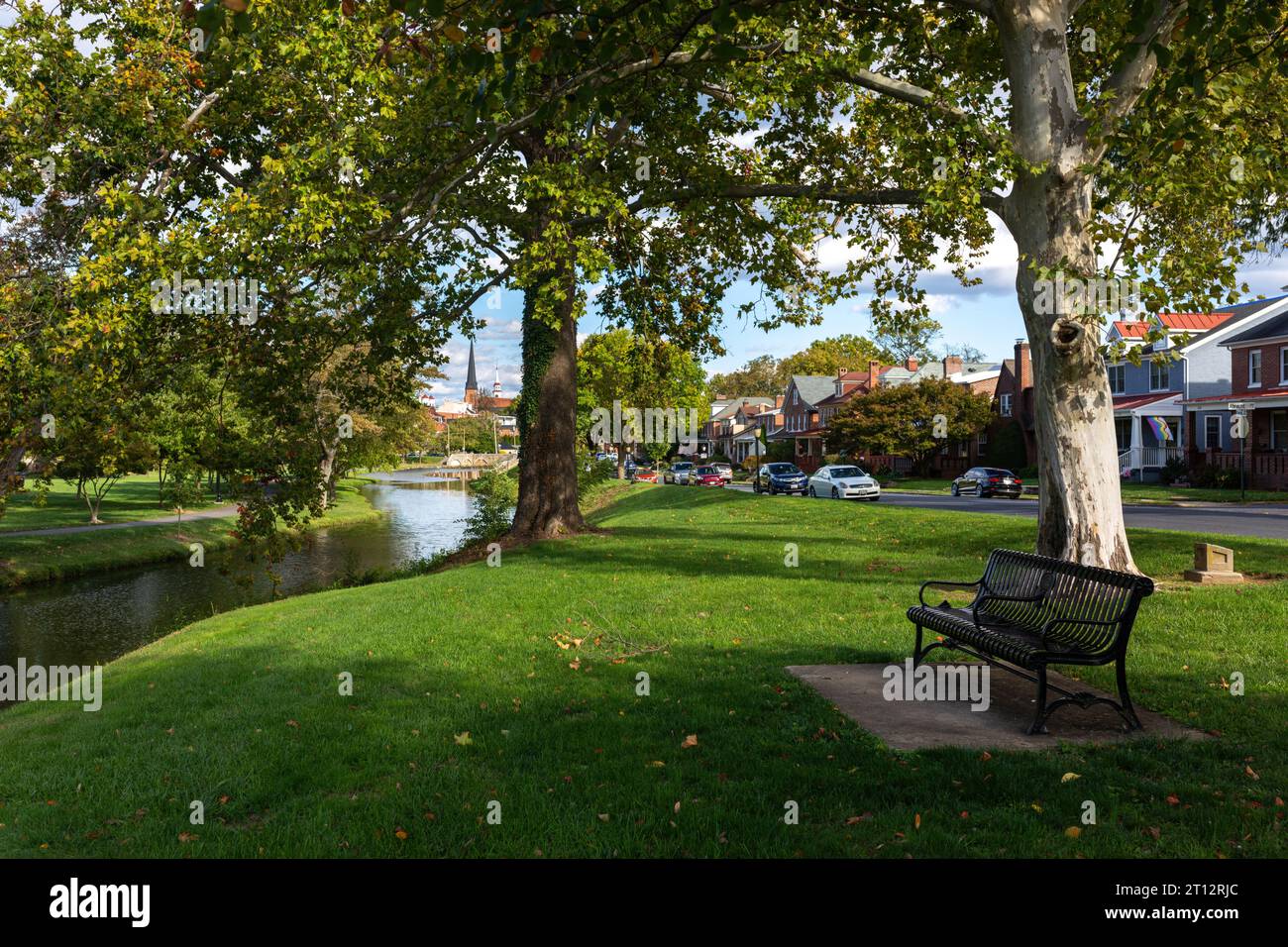 Tranquil scene in Frederick, MD: A park bench amid green grass by ...