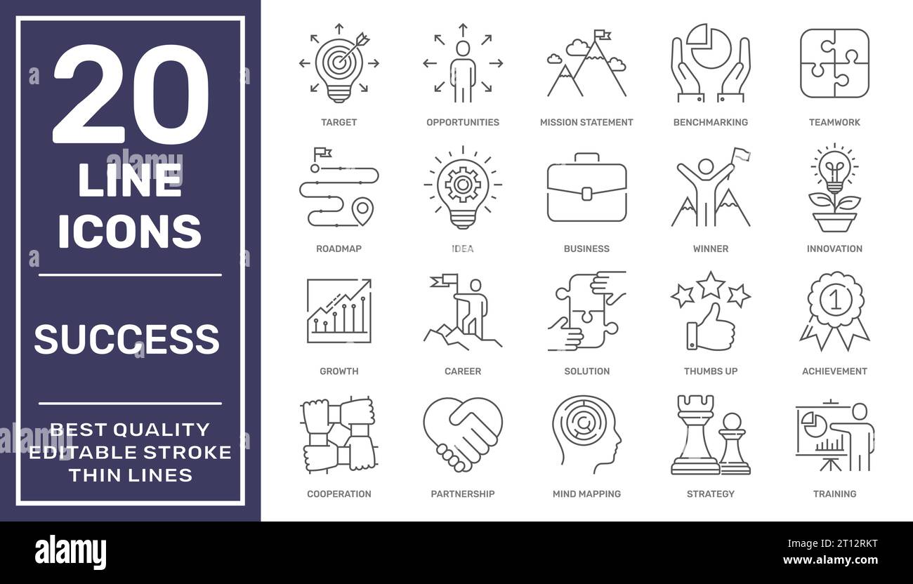 Success icon set. Successful business development, plan and process ...