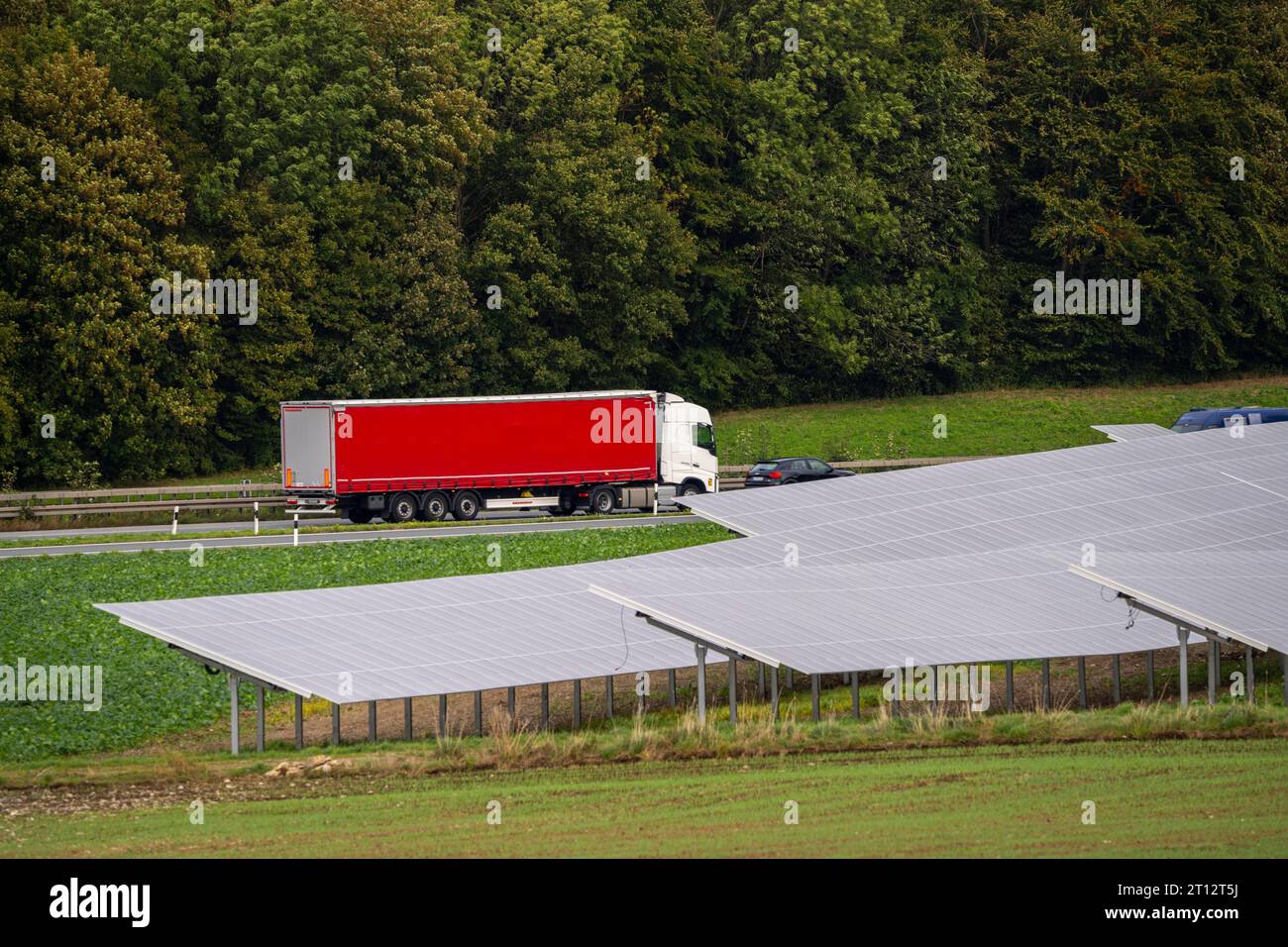 Solar park, photovoltaic system along the A44 motorway, near the ...