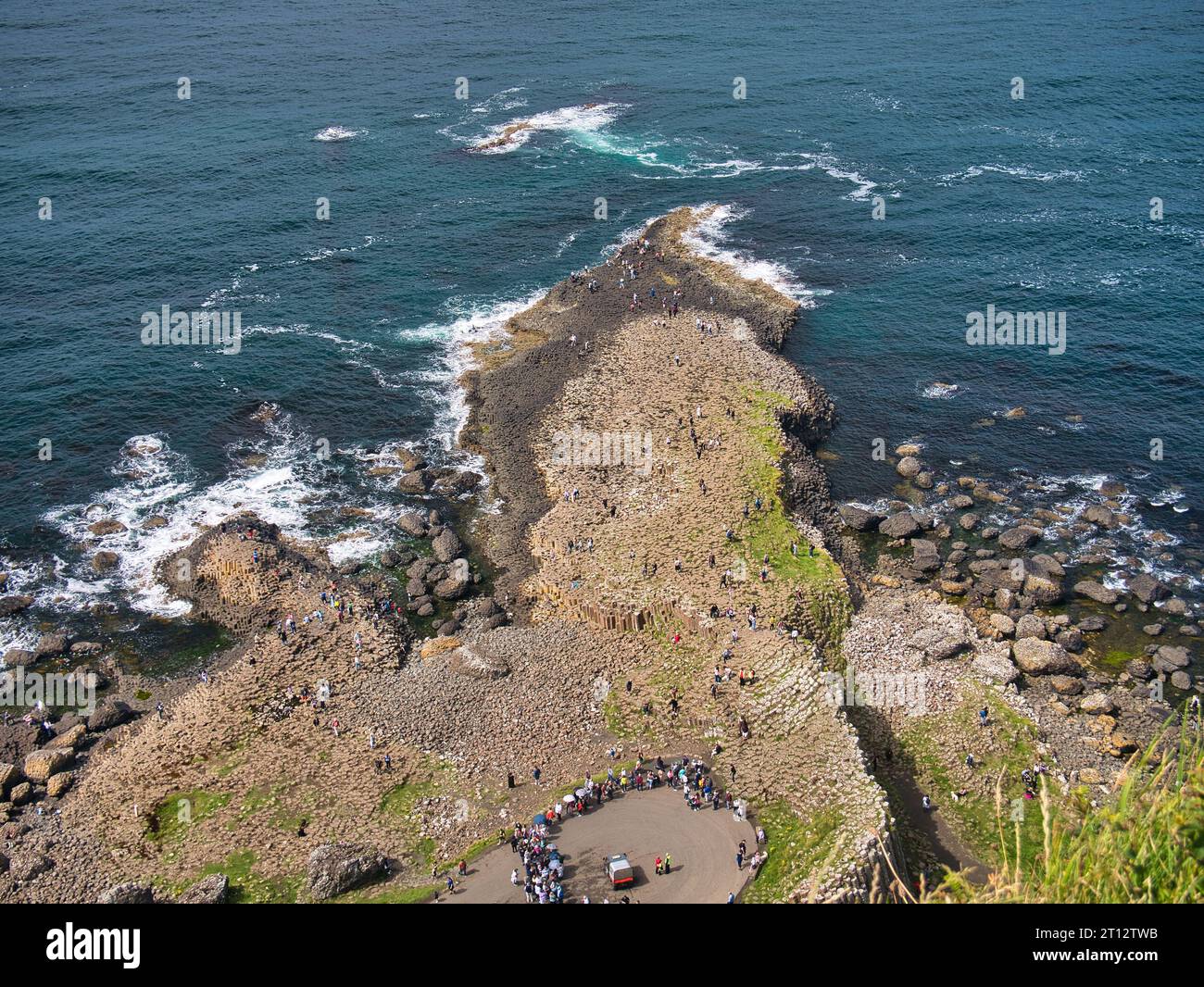An aerial view of main promontory at Giant's Causeway on the Antrim ...