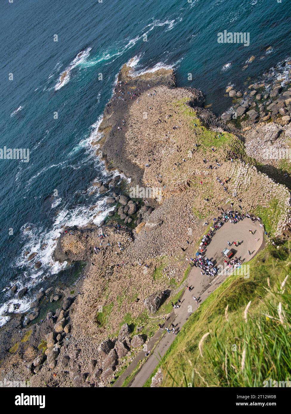 An aerial view of main promontory at Giant's Causeway on the Antrim ...