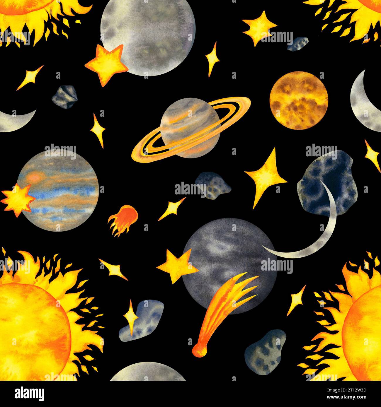 Watercolor seamless pattern with the sun and planets of the solar ...