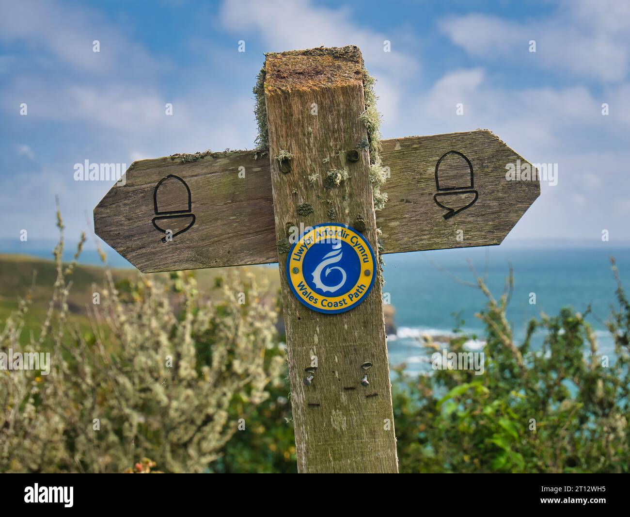 An old, weathered wooden sign indicating the route of the Wales Coast ...