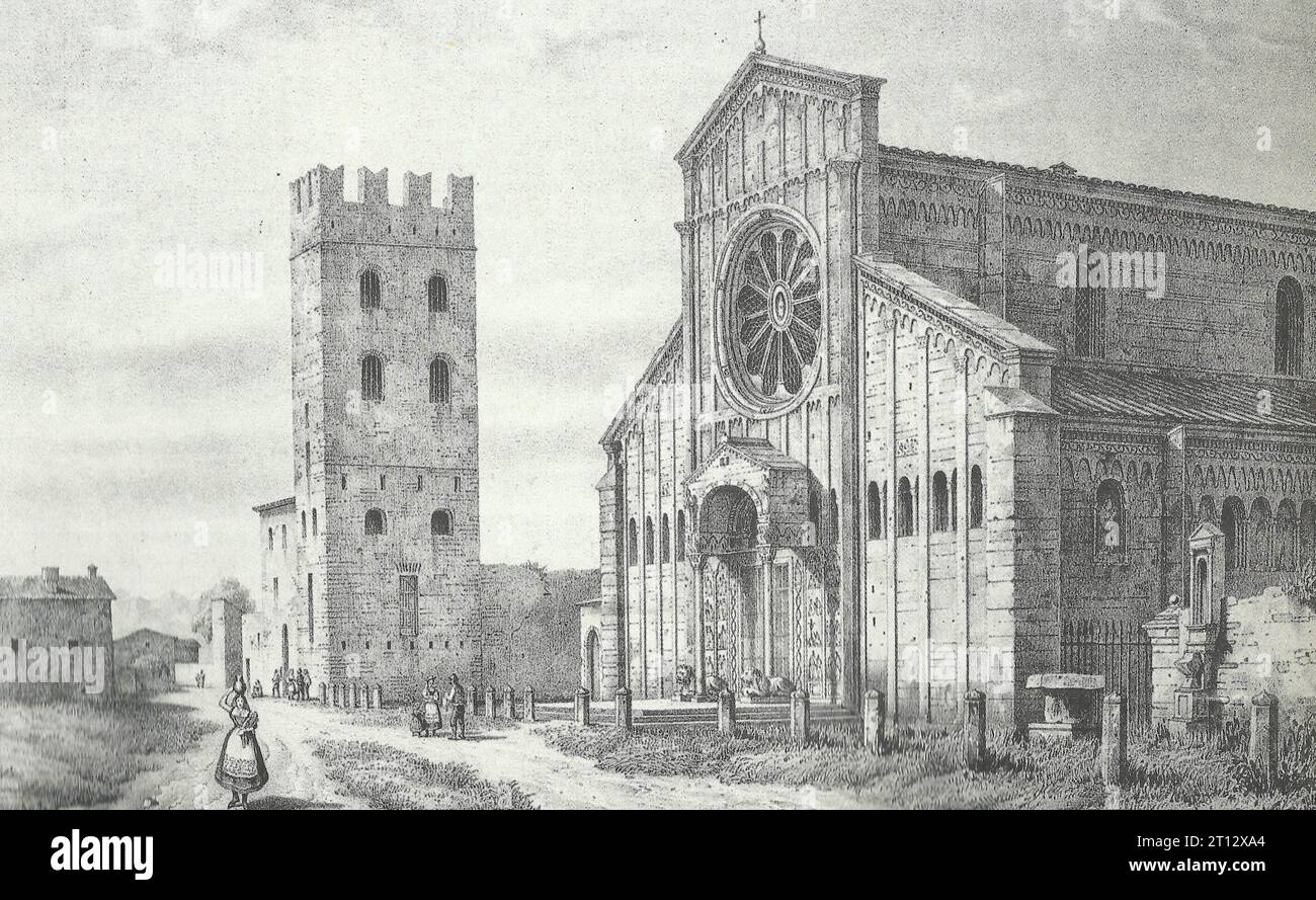 Drawing by Marco Moro representing the Basilica of San Zeno in Verona ...