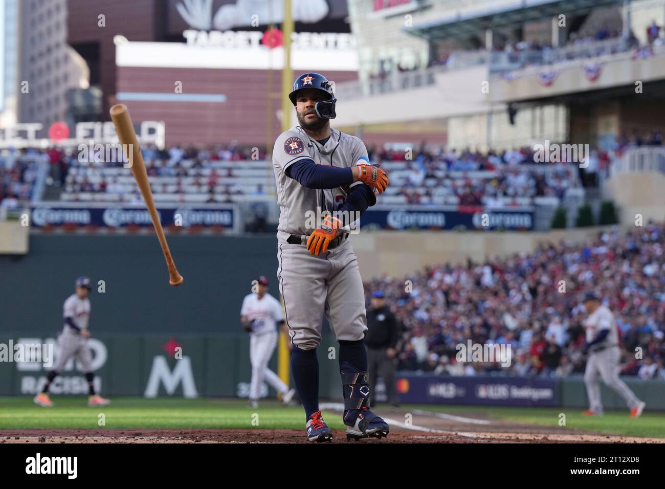 Houston Astros' Jose Altuve tosses his bat after striking out in the ...