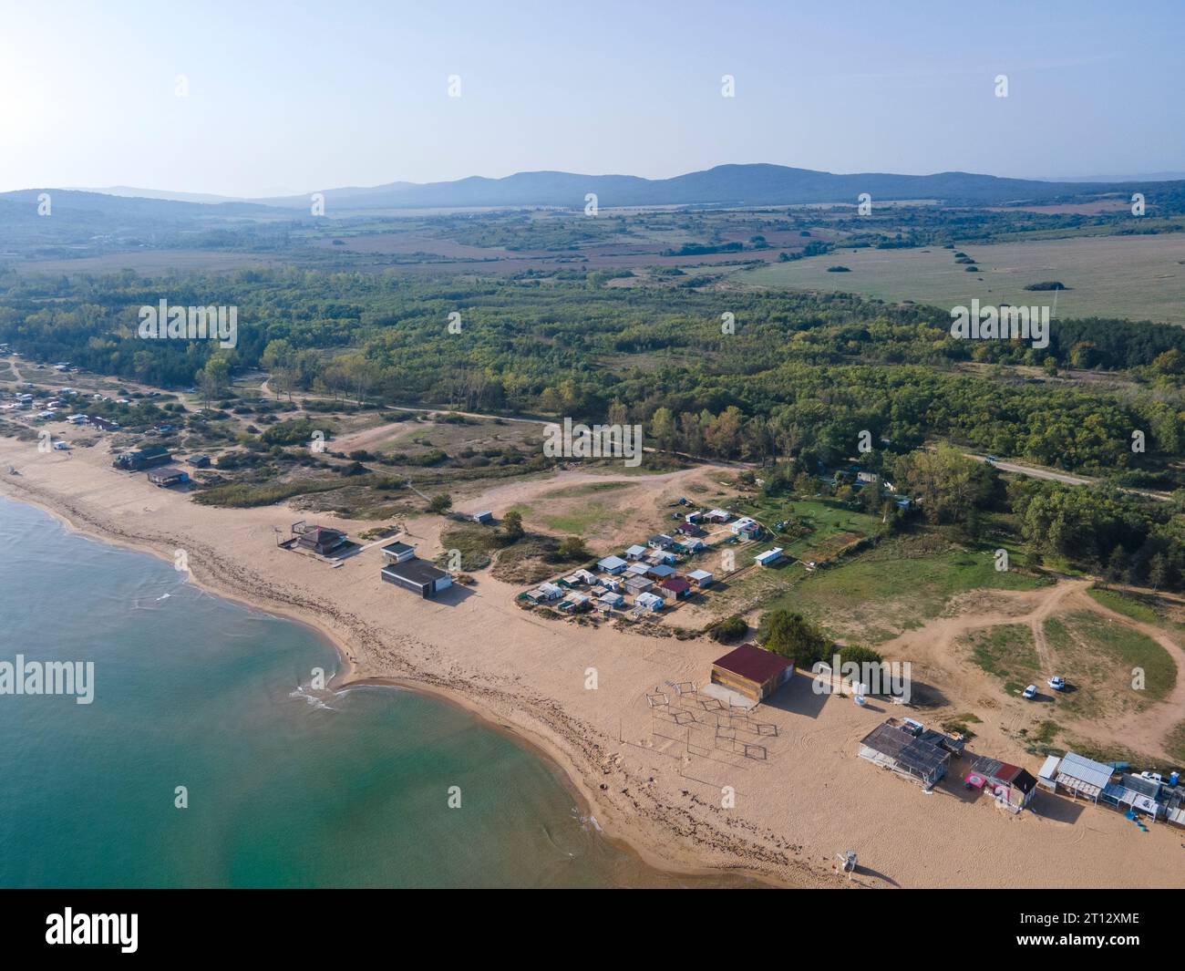 Aerial view of Gradina (Garden) Beach near town of Sozopol, Burgas ...