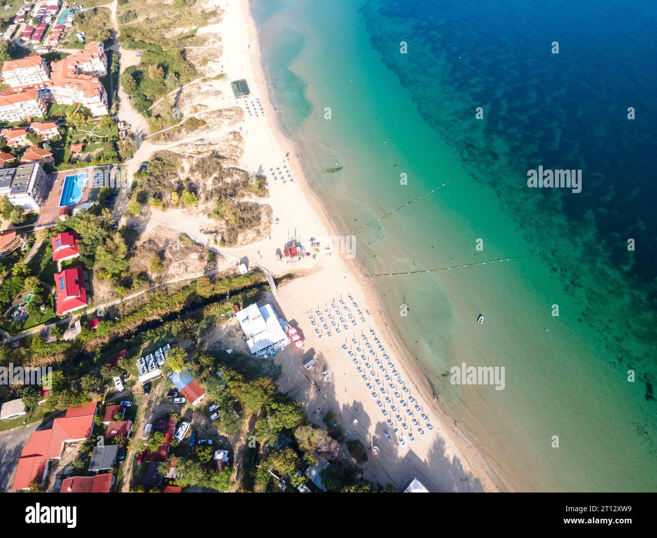 Aerial view of Gradina (Garden) Beach near town of Sozopol, Burgas ...